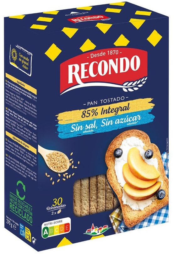 Pan tostado RECONDO PAN TOSTADO 85% INTEGRAL SIN SAL AÑADIDO, SIN ...