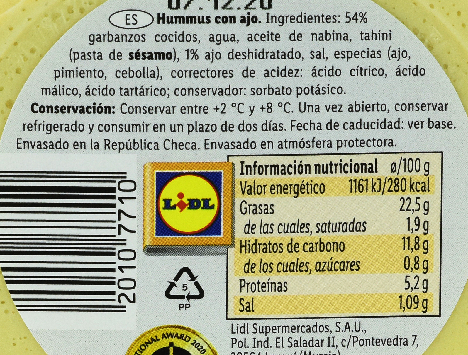 Valor nutricional de CHEF SELECT (LIDL) HUMMUS CLÁSICO | OCU