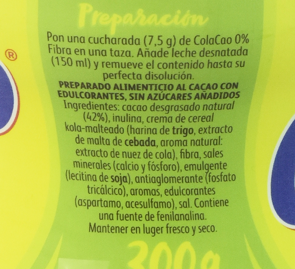 COLA CAO 0% AZÚCARES AÑADIDOS CON FIBRA: valor nutricional