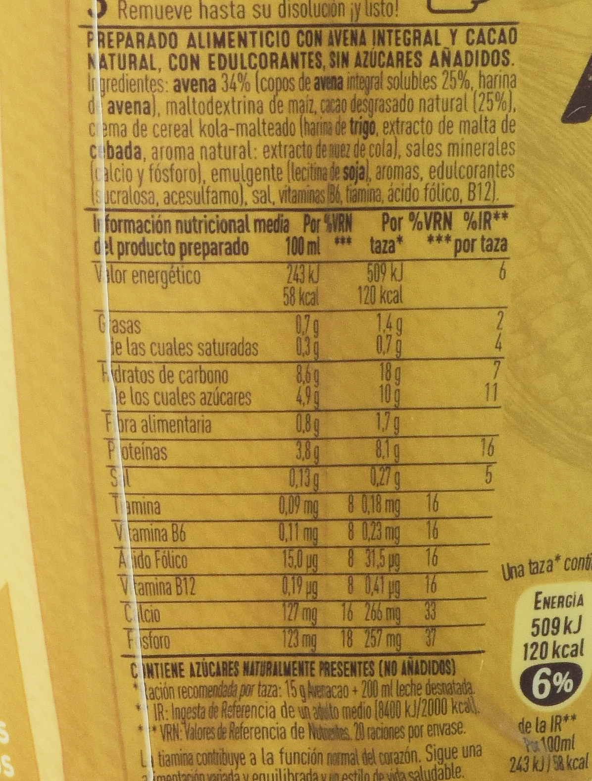 COLA CAO AVENACAO: valor nutricional