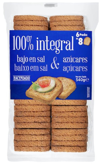 Pan tostado HACENDADO (MERCADONA) 100% INTEGRAL BAJO EN SAL & AZÚCARES ...